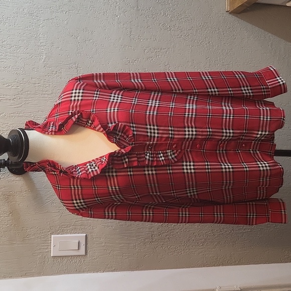 Riley & Rae | Tops | Riley Rae Red Plaid Ruffle Collar V Neck Blouse ...
